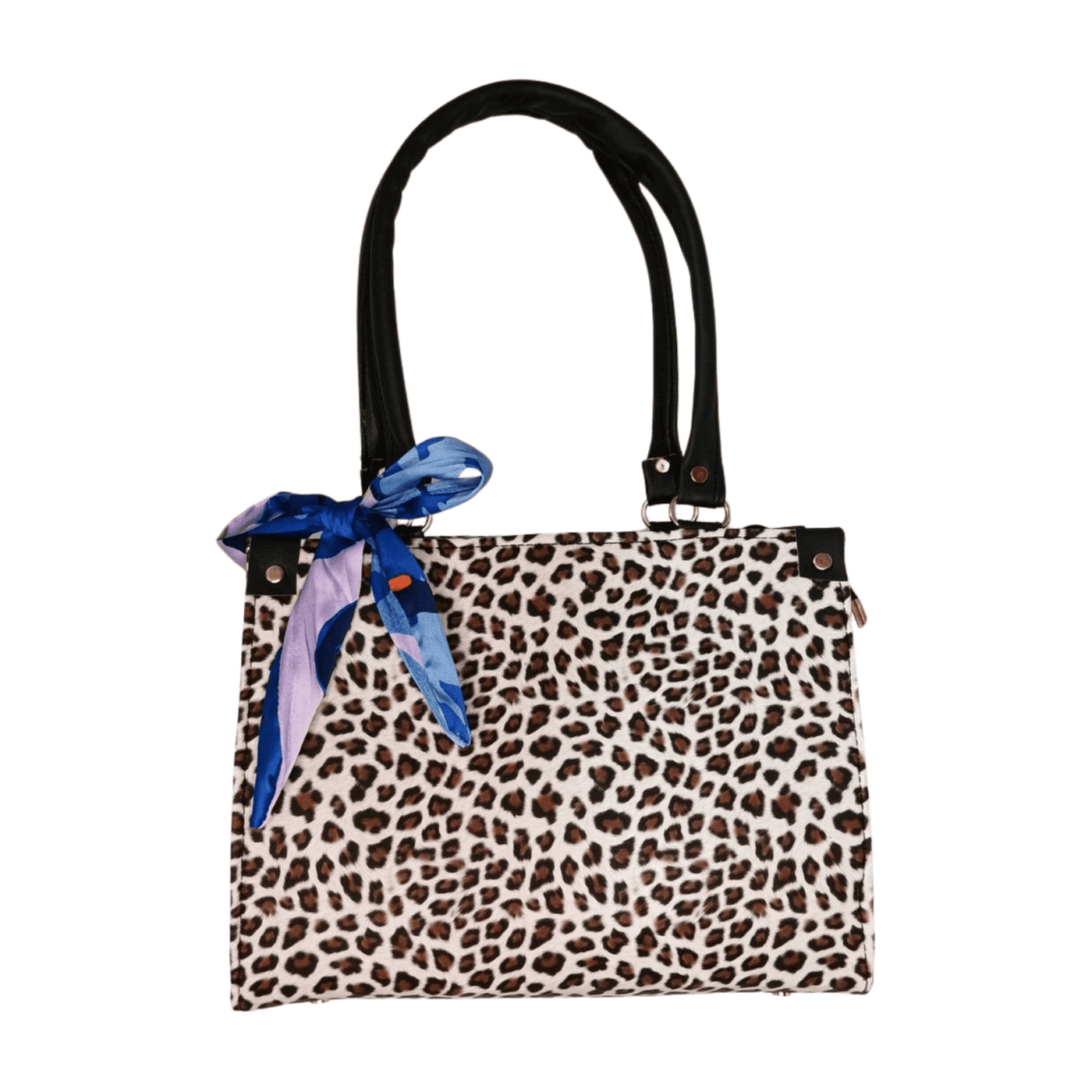 Leopard Print Handbag with Blue Scarf – Stylish Women’s Tote Bag